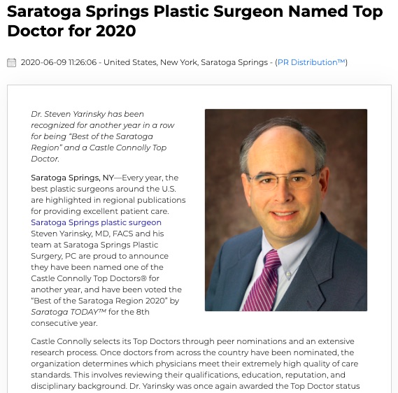 Saratoga Springs Plastic Surgeon Named Top Doctor for 2020